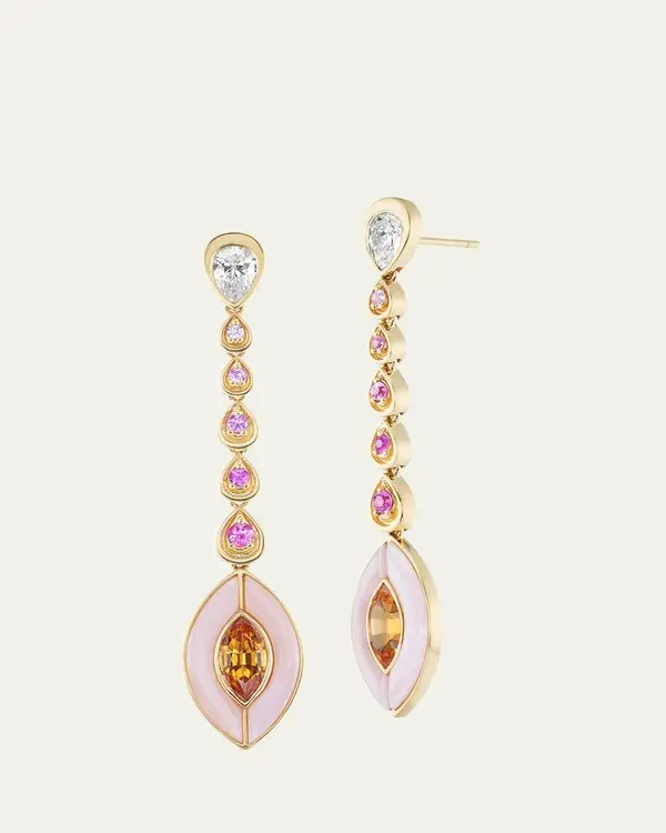 ORLY MARCEL 18k Yellow Gold Drop Earrings With Diamonds, Garnet, Sapphires And Opal