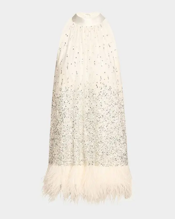 Alice + Olivia Erna Sequined Feather-trim Dress - Off White