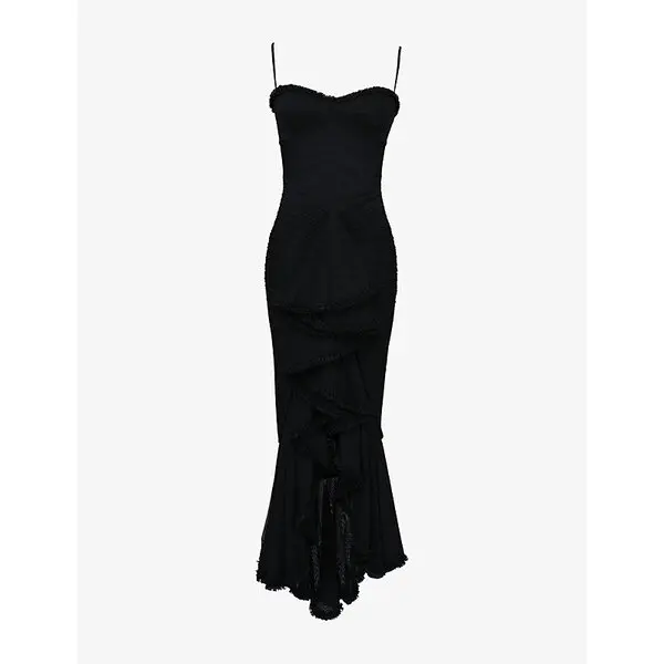 House Of Cb Stretch-woven Maxi Dress With Ruffle Trims - Black