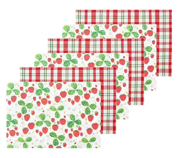 VALERIE PARR HILL Strawberry Patch & Plaid Placemat Set Of 6 V Alerie