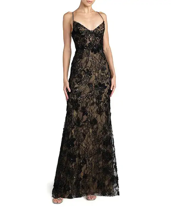 Mac Duggal Floral Embroidered Open Back Gown - Black Nude | Editorialist