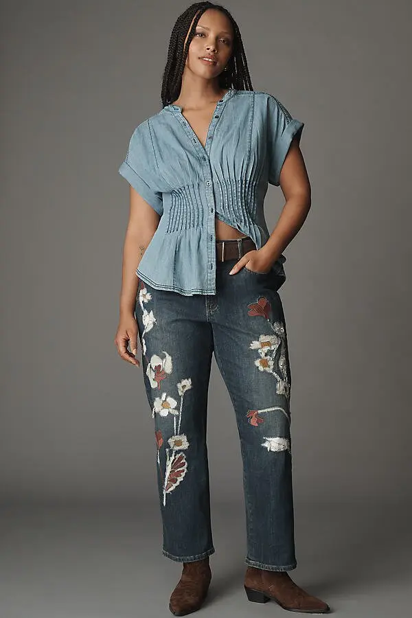 PILCRO Short-sleeve Pleated Corset Blouse - Medium Denim