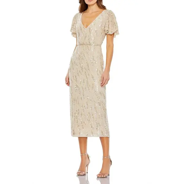 Mac Duggal Sequined V-neck Tea-length Dress - Oyster