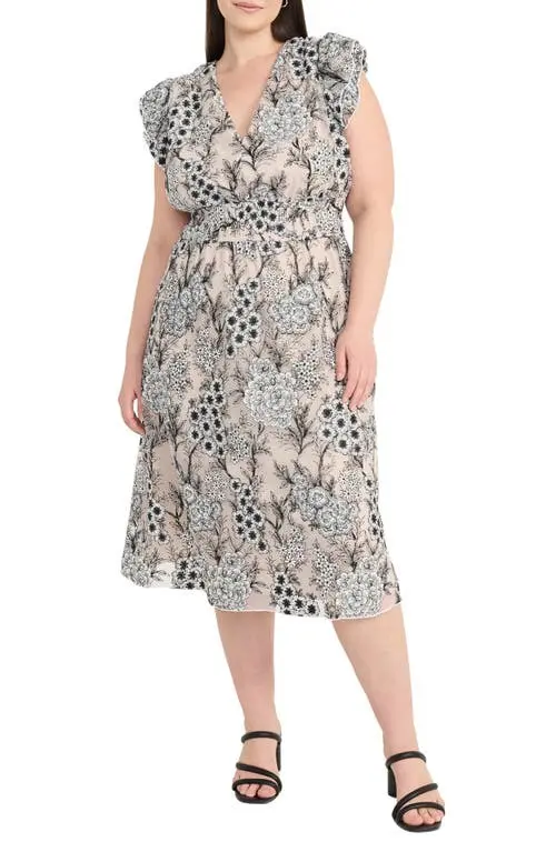 Maggy London Floral Flutter Sleeve Midi Dress