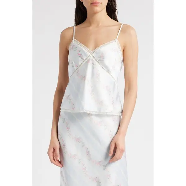 LoveShackFancy Levall Floral Lace Trim Satin Camisole - Wavecrest Blue