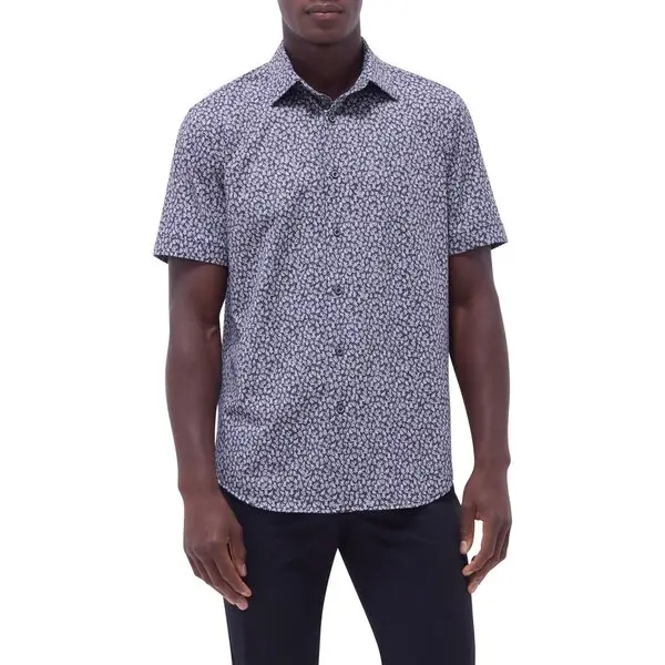 Bugatchi Miles Ooohcotton® Leaf Print Short Sleeve Button-up Shirt - Black