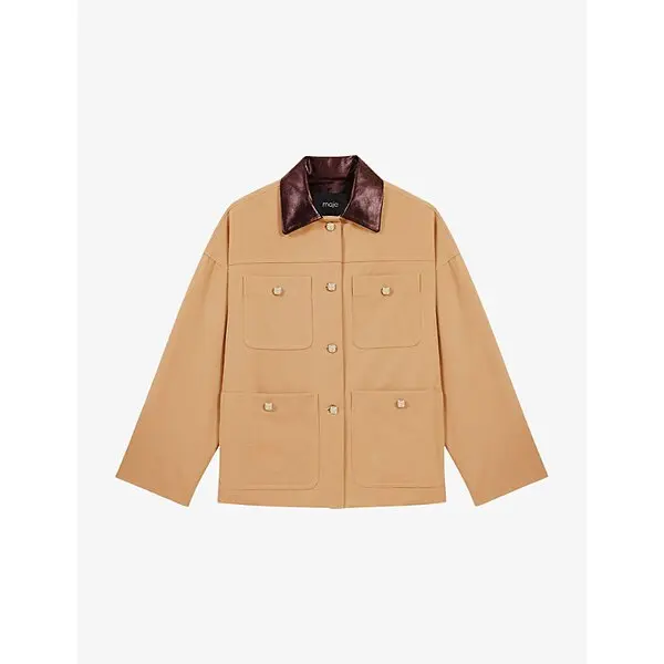 Maje Leather-collar Multi-pocket Cotton Coat - Naturels