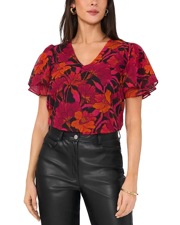 Vince Camuto Floral Print Ruffled Sleeve Top - Cherry