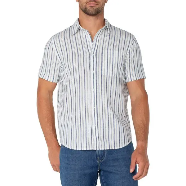 LIVERPOOL Stripe Short Sleeve Linen & Cotton Button-up Shirt - White/ Navy