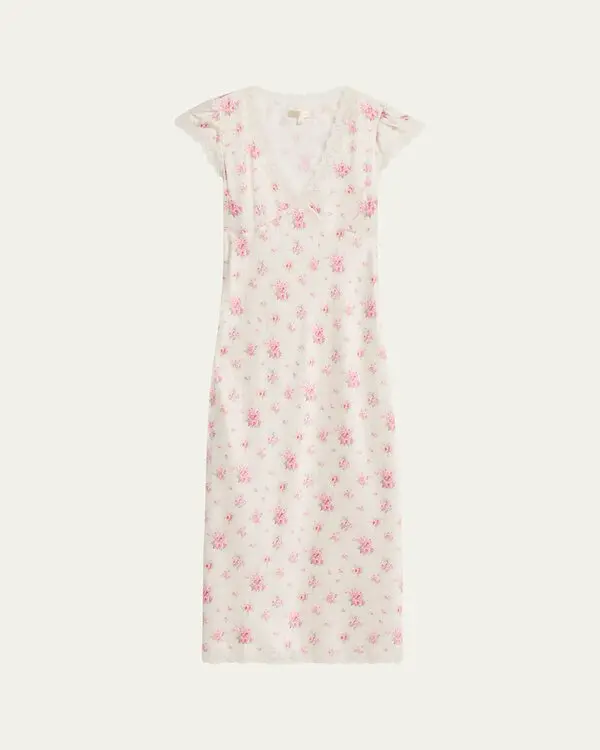 LoveShackFancy Theodore Floral Satin Midi Dress - Thulian Pink