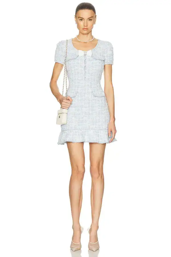 Self-Portrait Check Knit Mini Dress In Blue - 30% Off | Editorialist