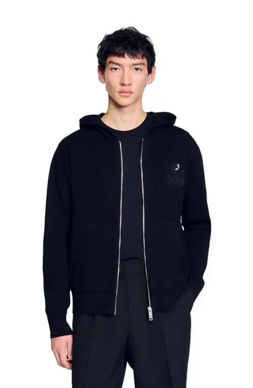 Sandro Zip-up Milano Knit Cardigan With Snake Patch