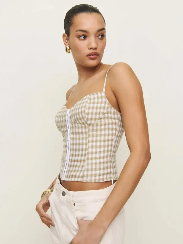REFORMATION Christen Linen Top - Dunes Check