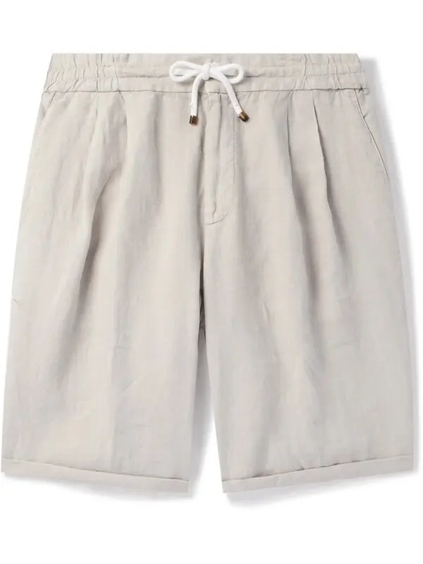 Brunello Cucinelli Straight-leg Pleated Linen Bermuda Shorts - Neutrals