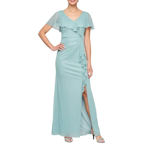 SL FASHIONS Beaded Shimmer Capelet Gown - Seaglass