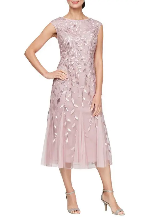 Alex Evenings Sequin Leaf Embroidered Midi Dress