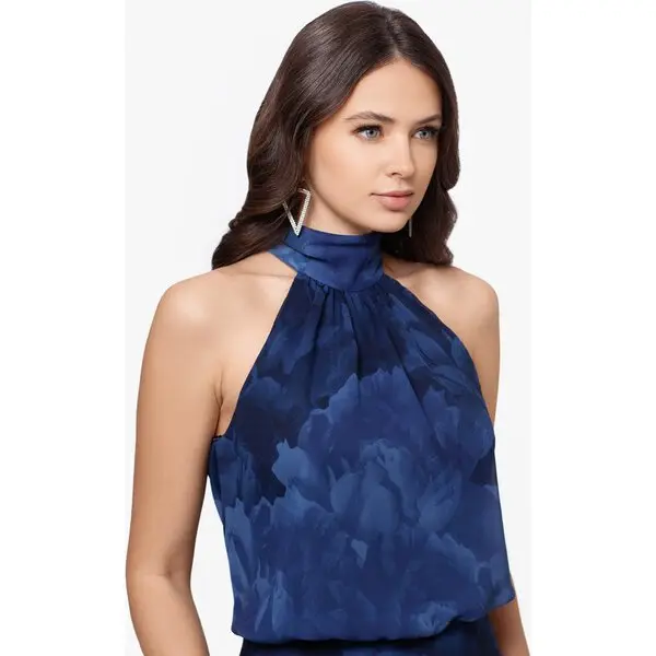 Betsy & Adam Tonal Floral Print Chiffon Gown - Navy/ Blue | Editorialist