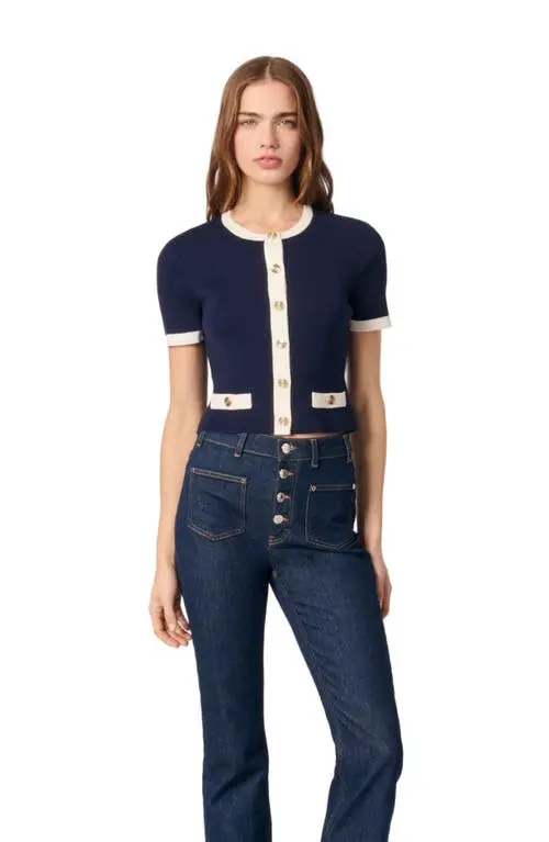 Maje Cropped Cardigan - Navy / Ecru