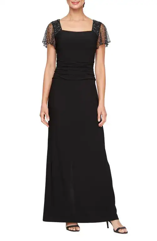 s l fashions black dress S.L. Fashions Chiffon Tulip Tier Dress-Plus, Size 18W, Navy