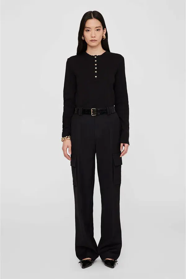 ANINE BING Alessia Long Sleeve Henley Tee - Black