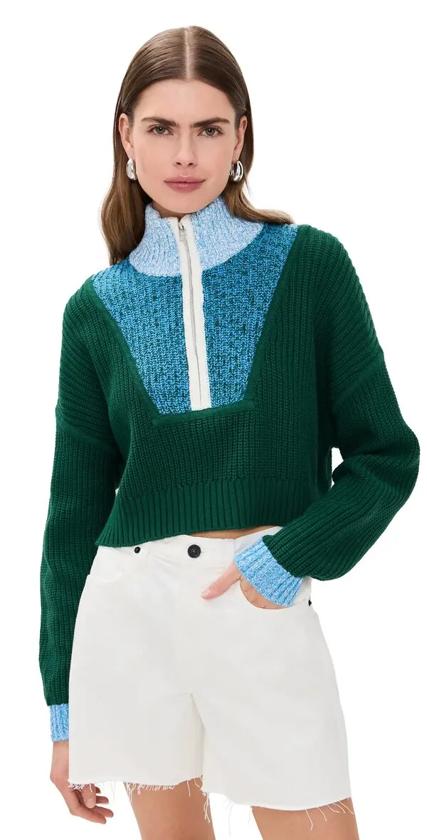 Staud Cropped Hampton Sweater - Jungle/sky/ivory