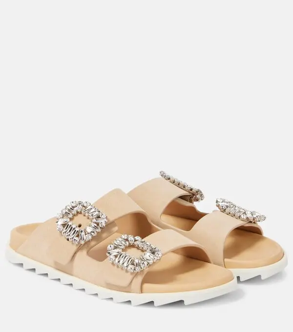 ROGER VIVIER Slidy Viv' Suede Slides - Beige