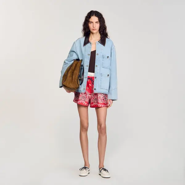 Sandro Denim Jacket With Leather Collar - Light Bu Jean