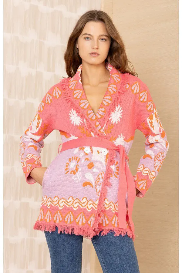 Hale Bob Irene Jacquard Wrap Sweater - Red / Orange
