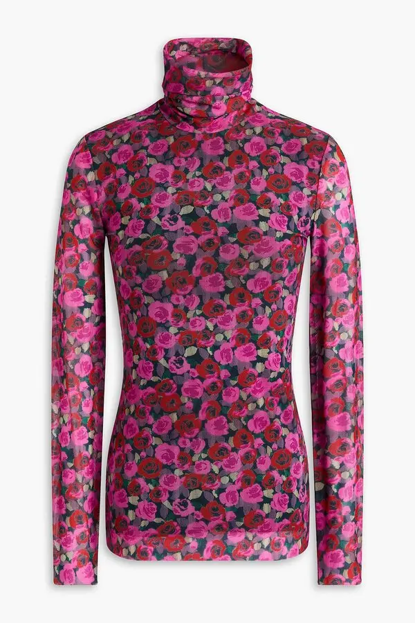 GANNI Floral-print Stretch-mesh Turtleneck Top