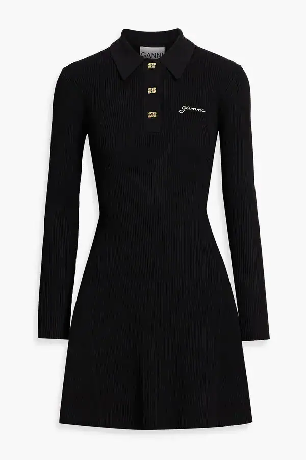 Buy GANNI Ribbed-knit Mini Shirt Dress - Black At 54% Off | Editorialist