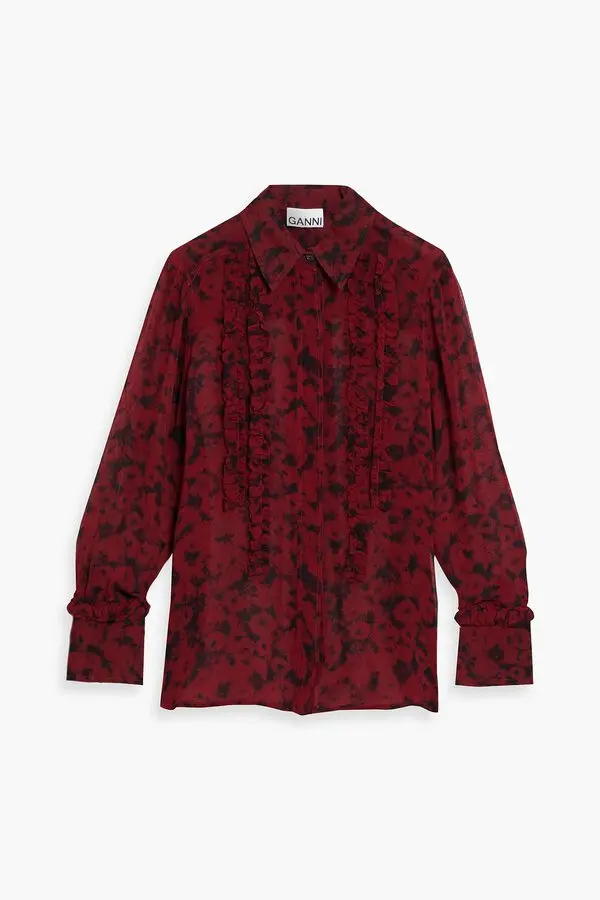 GANNI Ruffled Printed Chiffon Shirt