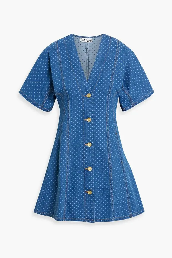 GANNI Polkadot Denim Jacquard Mini Dress - Mid Denim