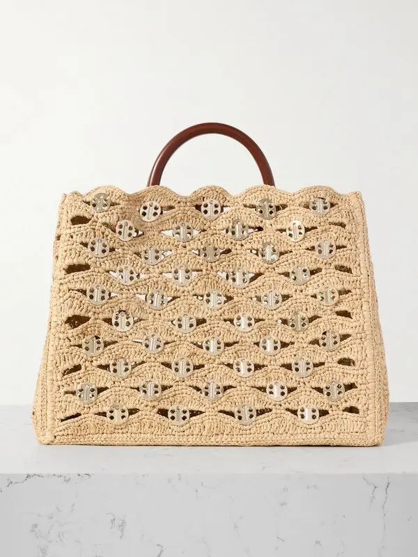 Rabanne 1969 Leather-trimmed Chainmail-embellished Raffia Tote - Neutrals