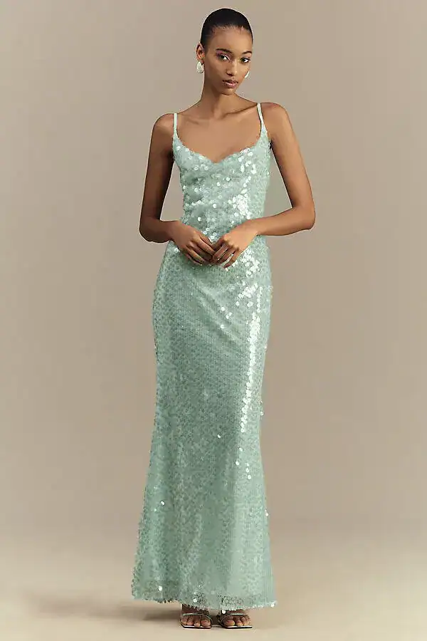 green sequin cowl neck dress Embellished Strapless Cowl-Neck Maxi Dress in Emerald Green - 4
