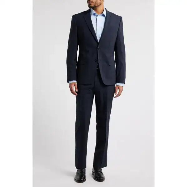 Hugo Boss Huge Slim Fit Navy Check Stretch Wool Suit In Dark Blue