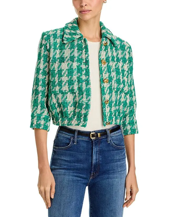 L'Agence Jia Cropped Three-quarter Sleeve Jacket - Teal Houndstooth