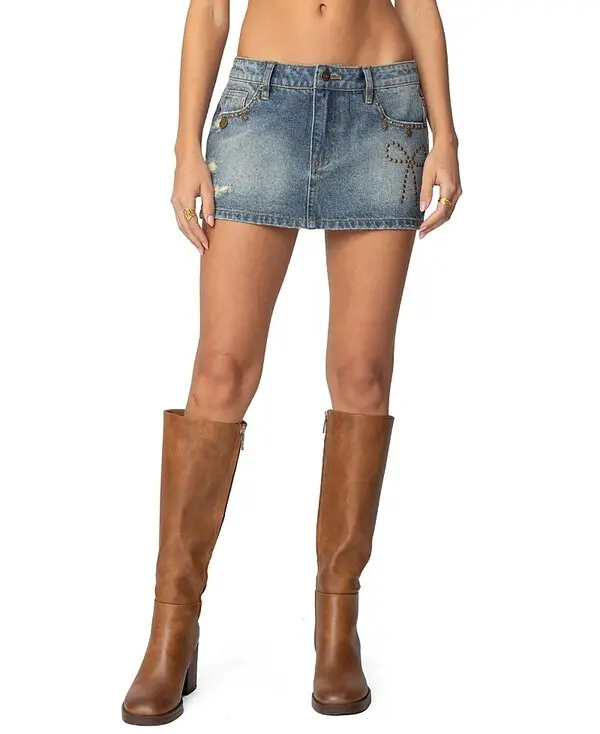 EDIKTED Denim Mini Skirt With Studded Bow