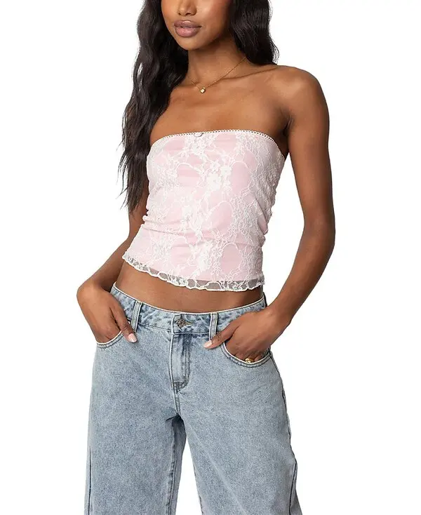 EDIKTED Allison Lace Tube Top - White-and-pink