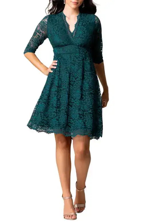 Kiyonna Mademoiselle A-Line Lace Cocktail Dress - Emerald Green |  Editorialist