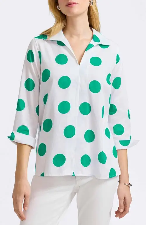 Foxcroft Agnes Dot Print Cotton Popover Top - White/ Green