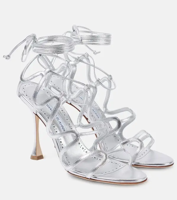 Manolo Blahnik Fawda 105 Metallic Leather Sandals - Silver