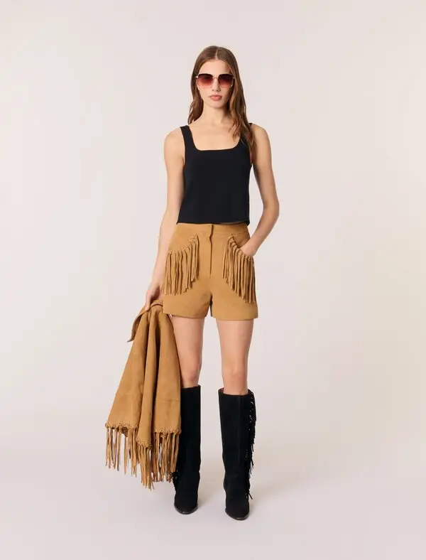 Maje Fringed Leather Shorts - Beige