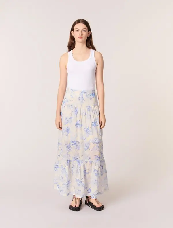 Maje Linen Floral Maxi Skirt - Blue Flower Print Ecru Base