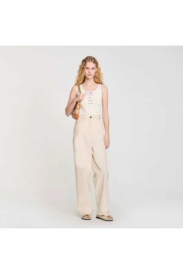 Sandro Lace-up Ribbed Vest Top - Neutral / White