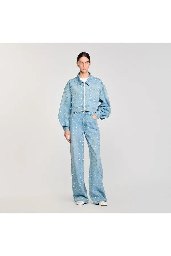 Sandro Beaded And Rhinestone Denim Jacket - Blue