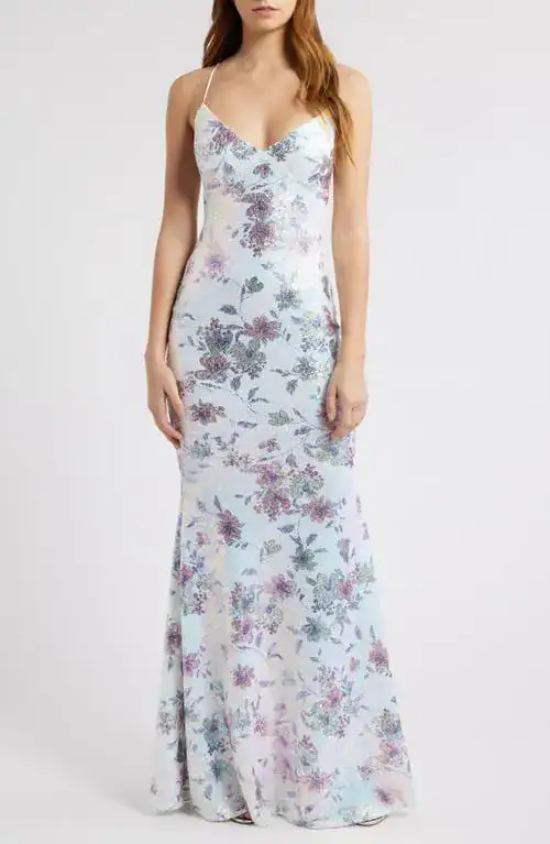 City Studio Floral Print Sequin Dress In White Aqua Lilac - 60% Off |  Editorialist