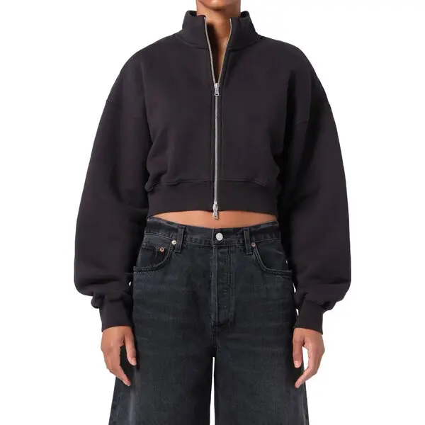 AGOLDE Asta Oversize Crop Zip Sweatshirt - Washed Blk (blk W/ Wsh Seams)