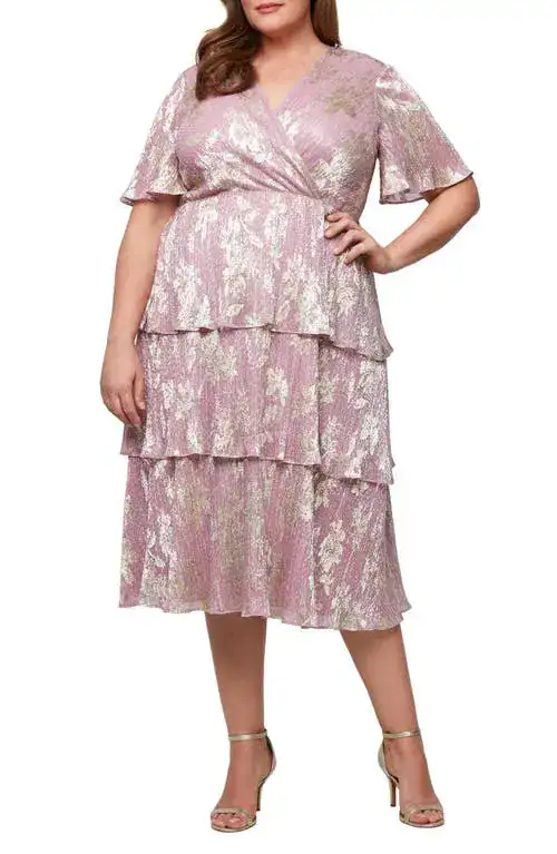 Sl Fashions Foil Pliss Tiered Cocktail Dress - Blush | Editorialist