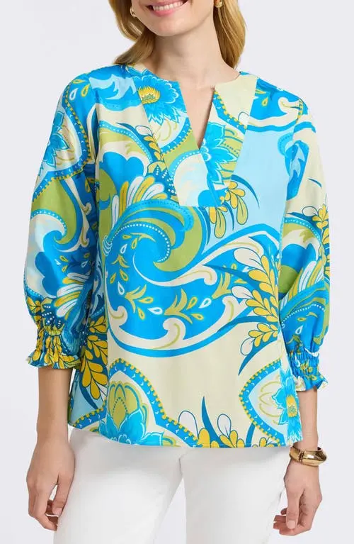 Foxcroft Alicia Floral Cotton Popover Top - Blue/ Green/ White