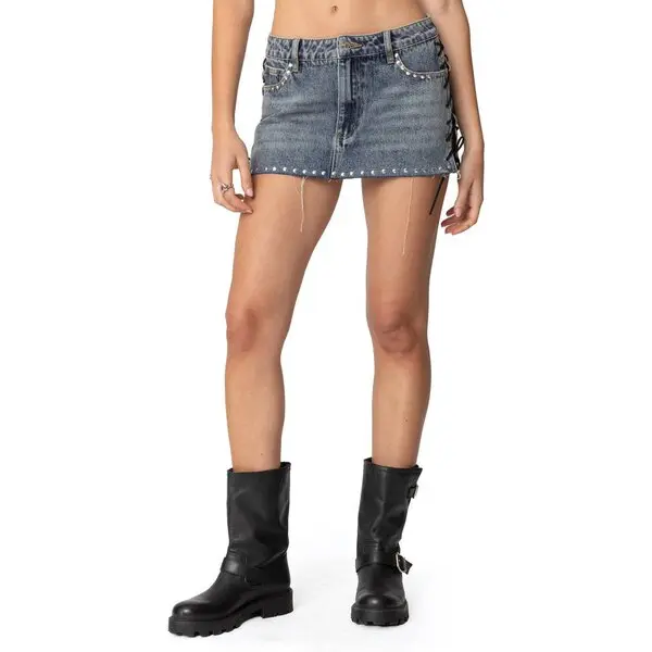 EDIKTED Casey Lace-up Denim Miniskirt - Blue-washed